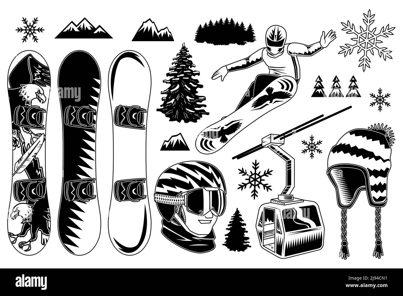 Set of snowboard elements for creating your own badges, logos, labels ...