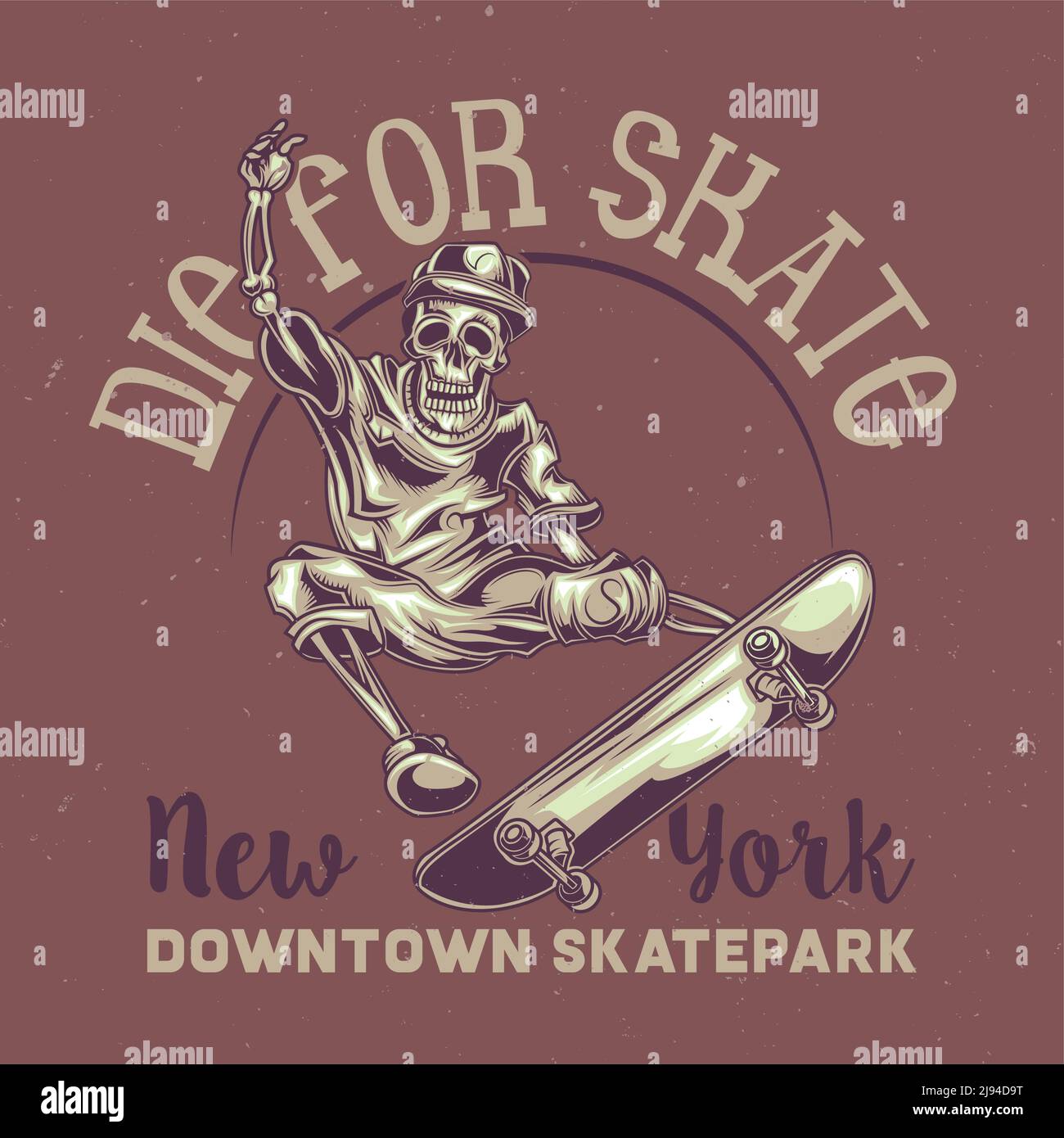 T-shirt or poster design with illustration of skeleton on skate board ...