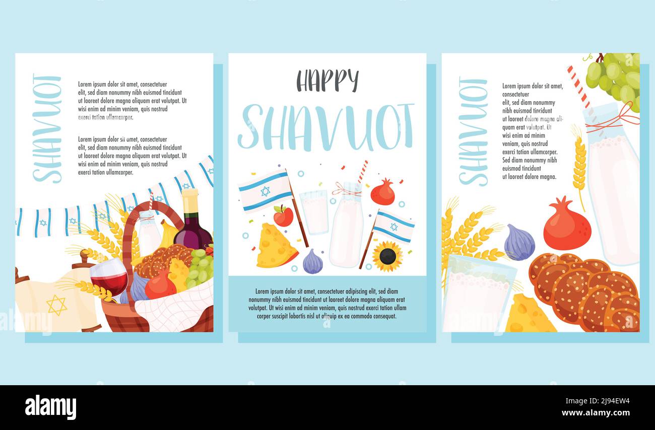 Happy Shavuot day greeting cards set. Translation from Hebrew text ...