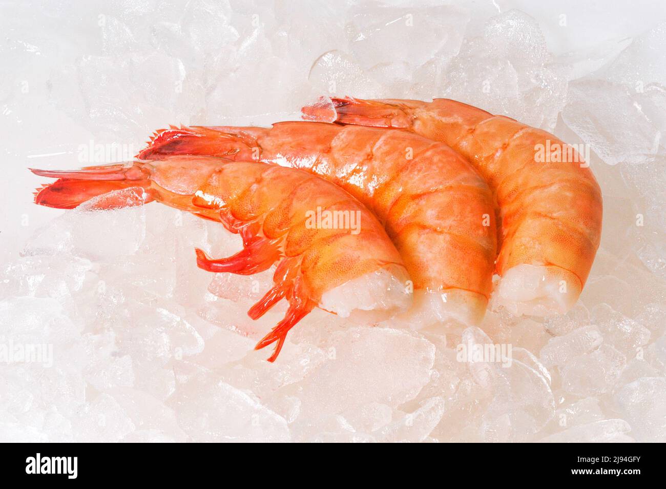 Close-up of selection of raw shrimp on ice on display for sale Stock ...