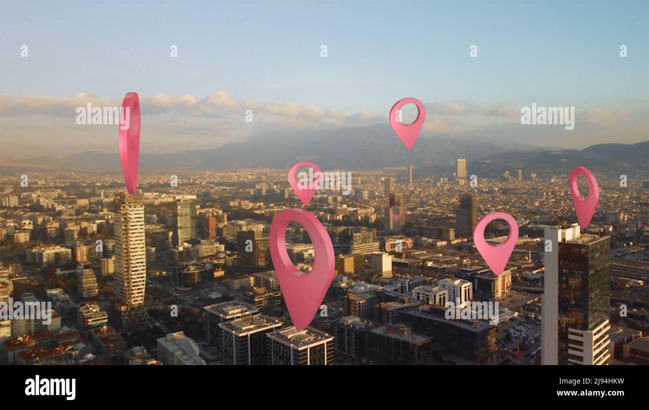 Aerial smart city. Localization icons in a connected futuristic city ...