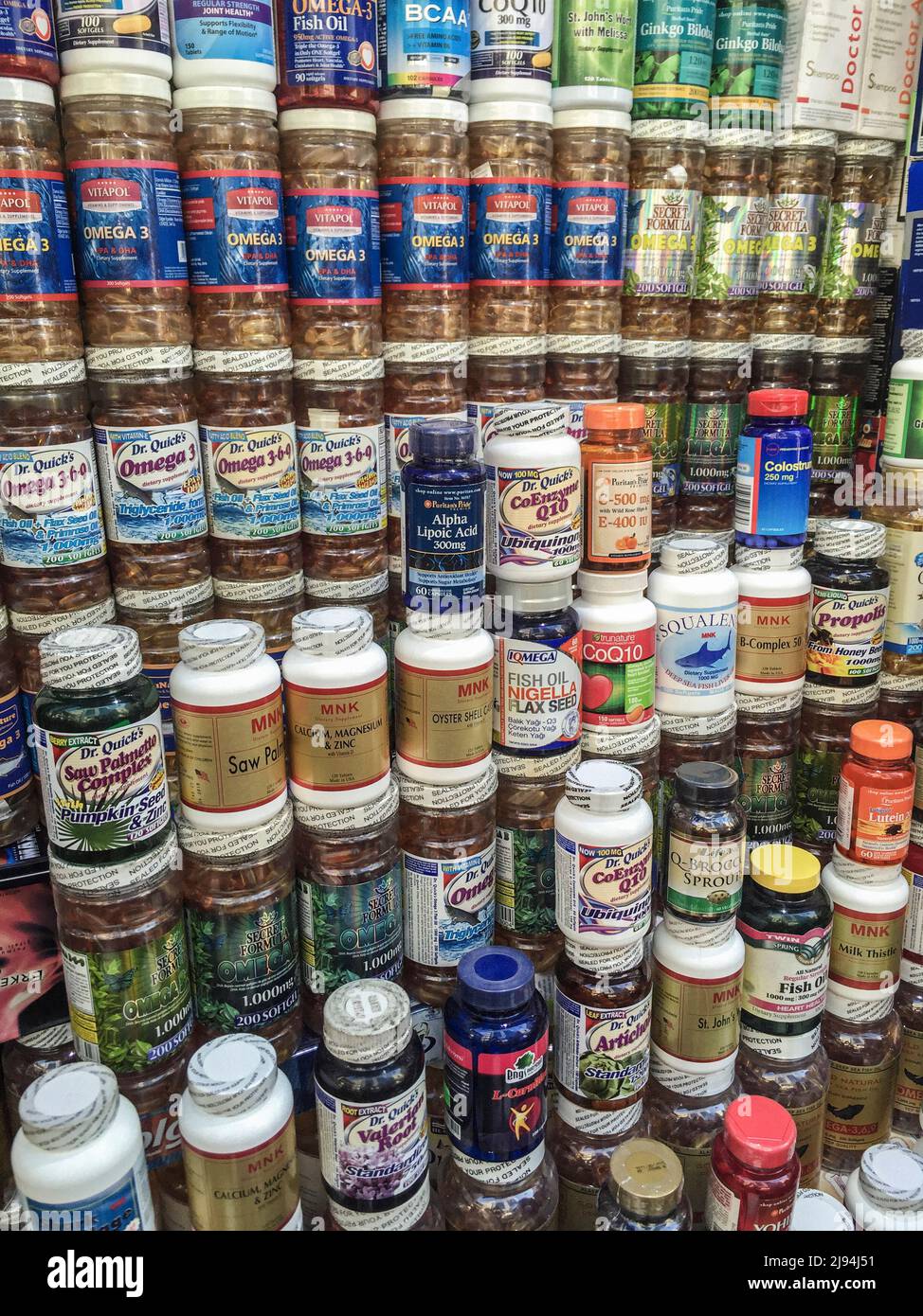 Store shelf display multiple brands variety vitamins and supplements as ...