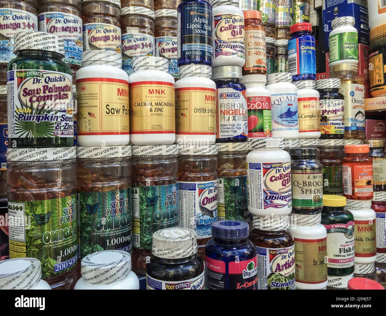 Store shelf display multiple brands variety vitamins and supplements as ...