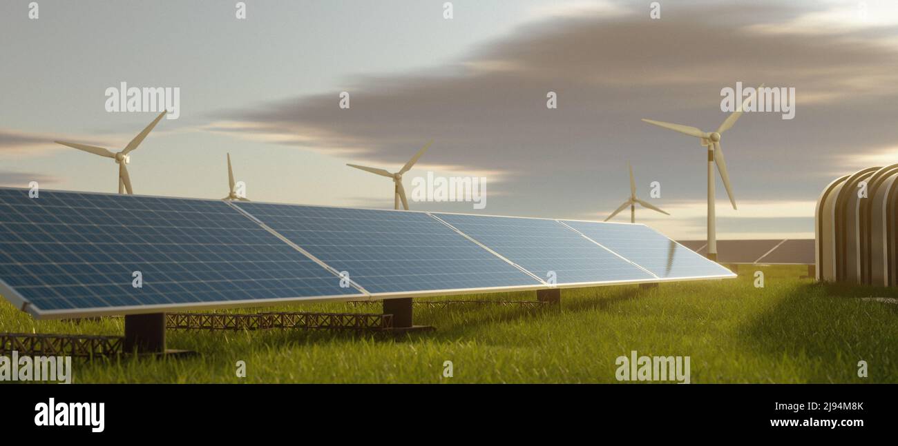 Renewable energy concept. Solar panels and wind generators with cloudy ...