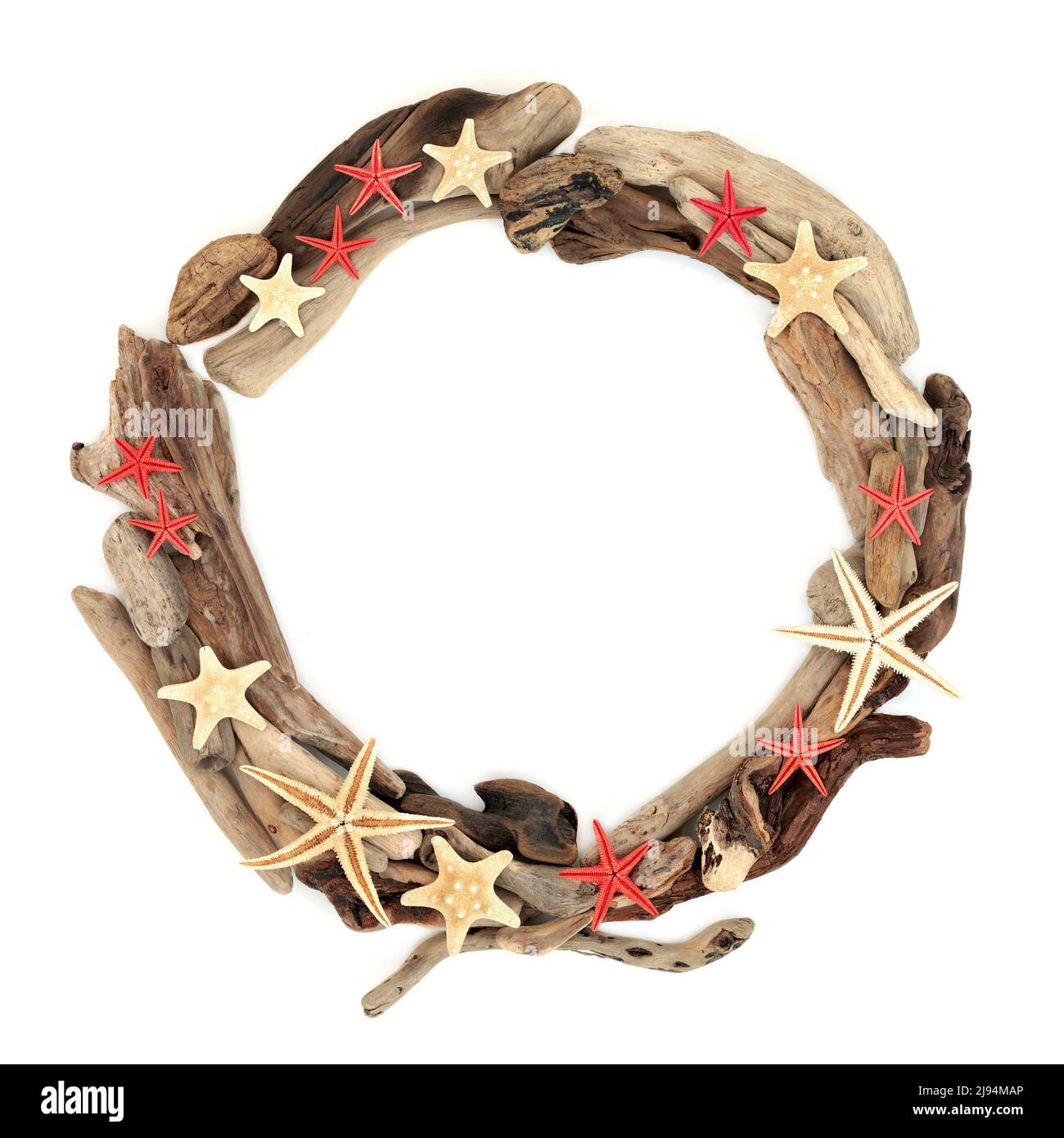 Driftwood and starfish sea shell wreath on white background. Natural ...