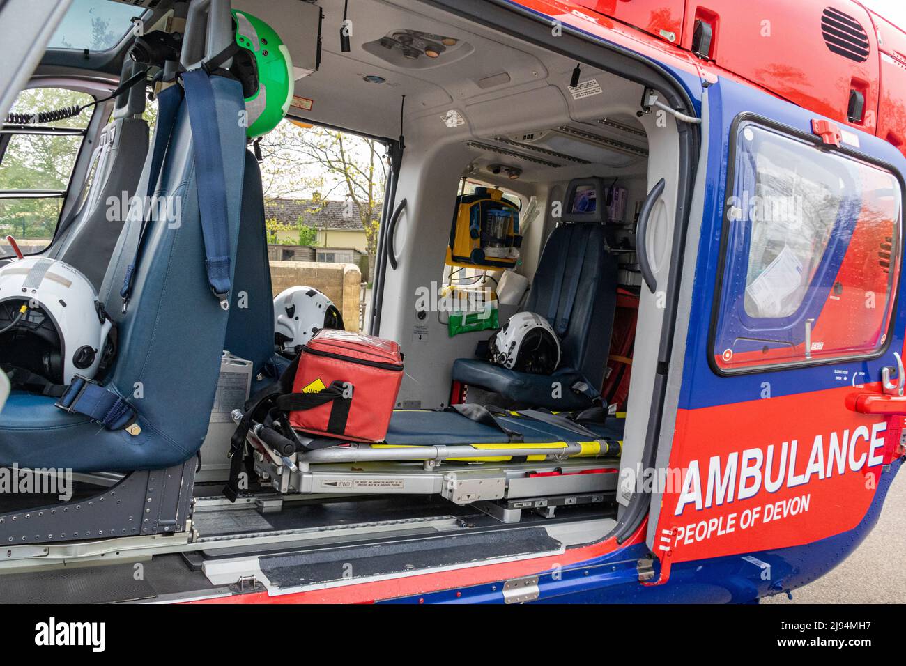 Interior View of a Devon Air Ambulance Helicopter with Helmets and ...