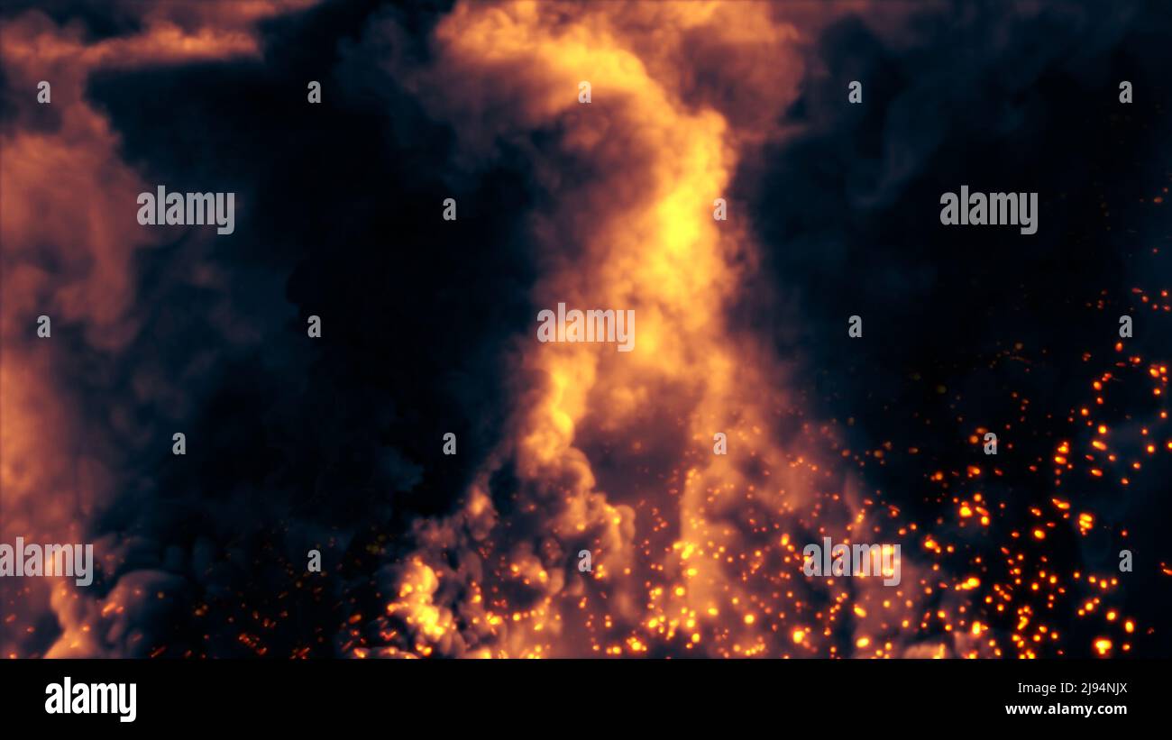 Dark black and orange war or battle actions backdrop with smoke and ...