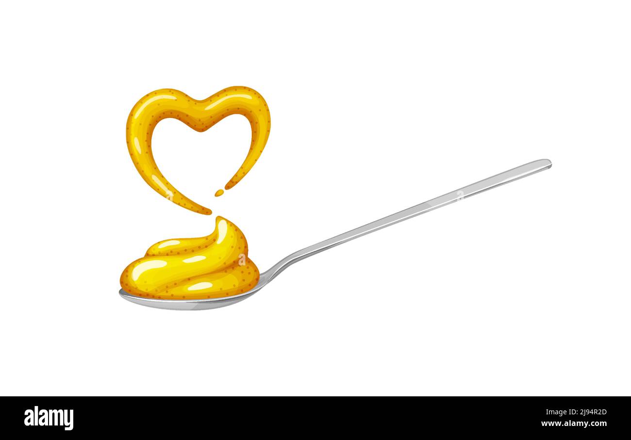Spoon with yellow mustard sauce und heart shaped splash.Realistic ...