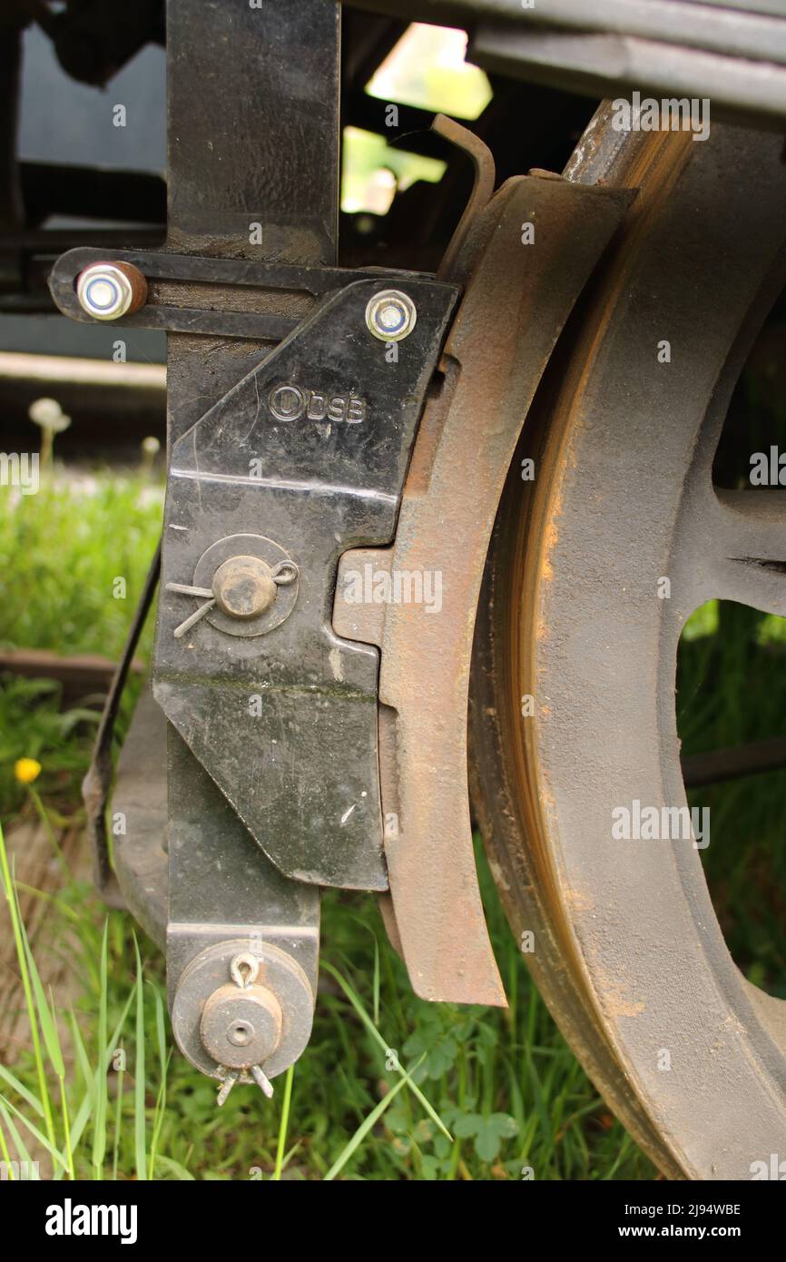 Shoe brake on a railway wagon in open condition Stock Photo - Alamy