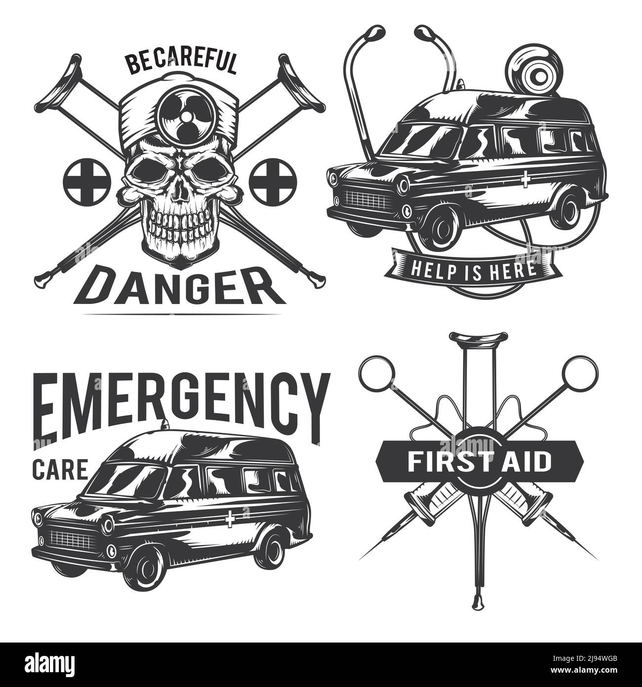 Set of emergency emblems, labels, badges, logos. Isolated on white ...