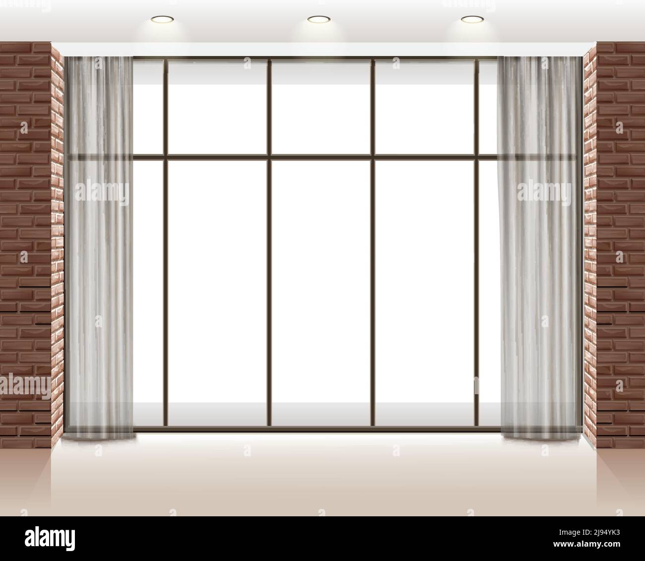 Vector illustration of big window inside empty loft room with bricks ...