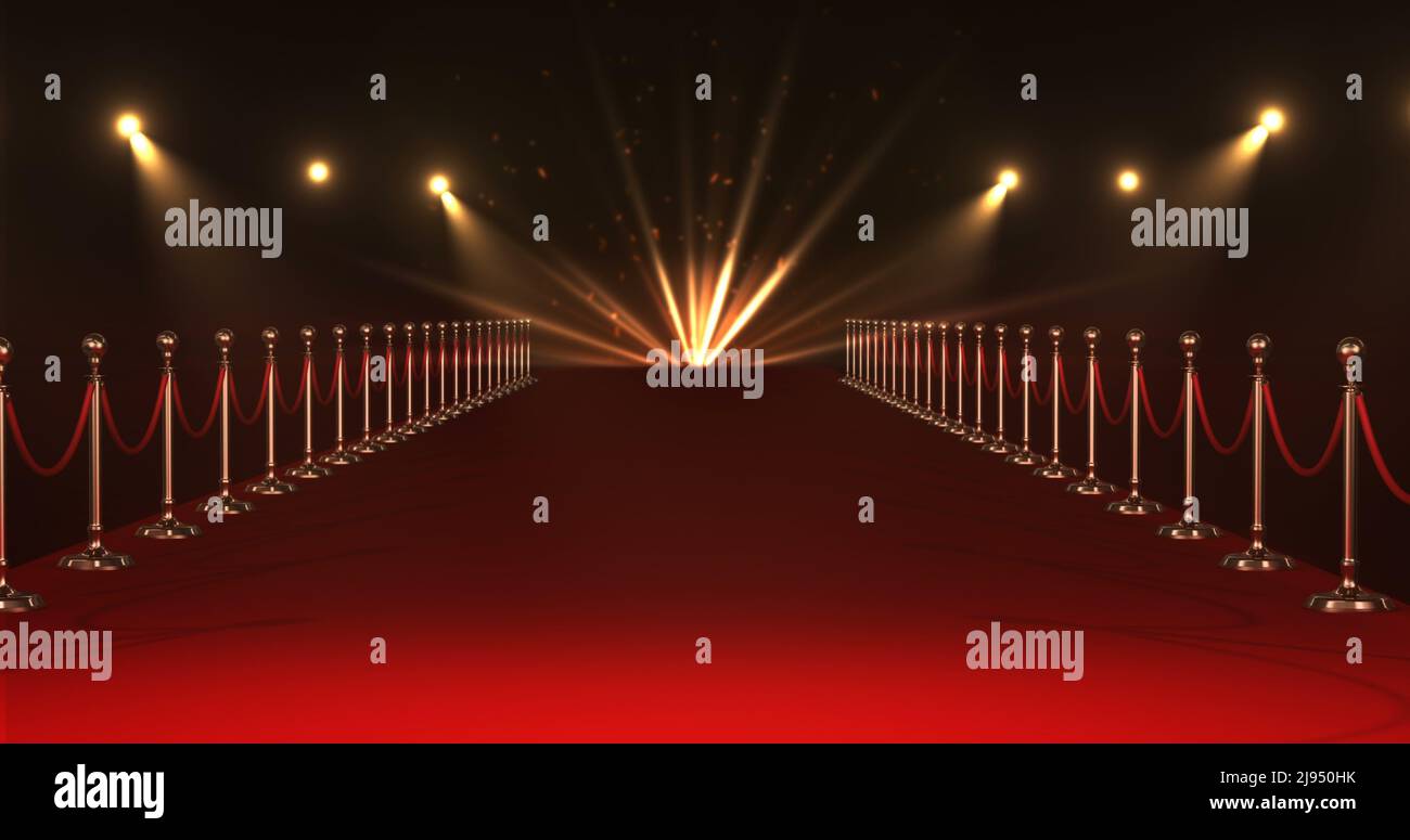 Long red carpet with spotlights against red background Stock Photo - Alamy