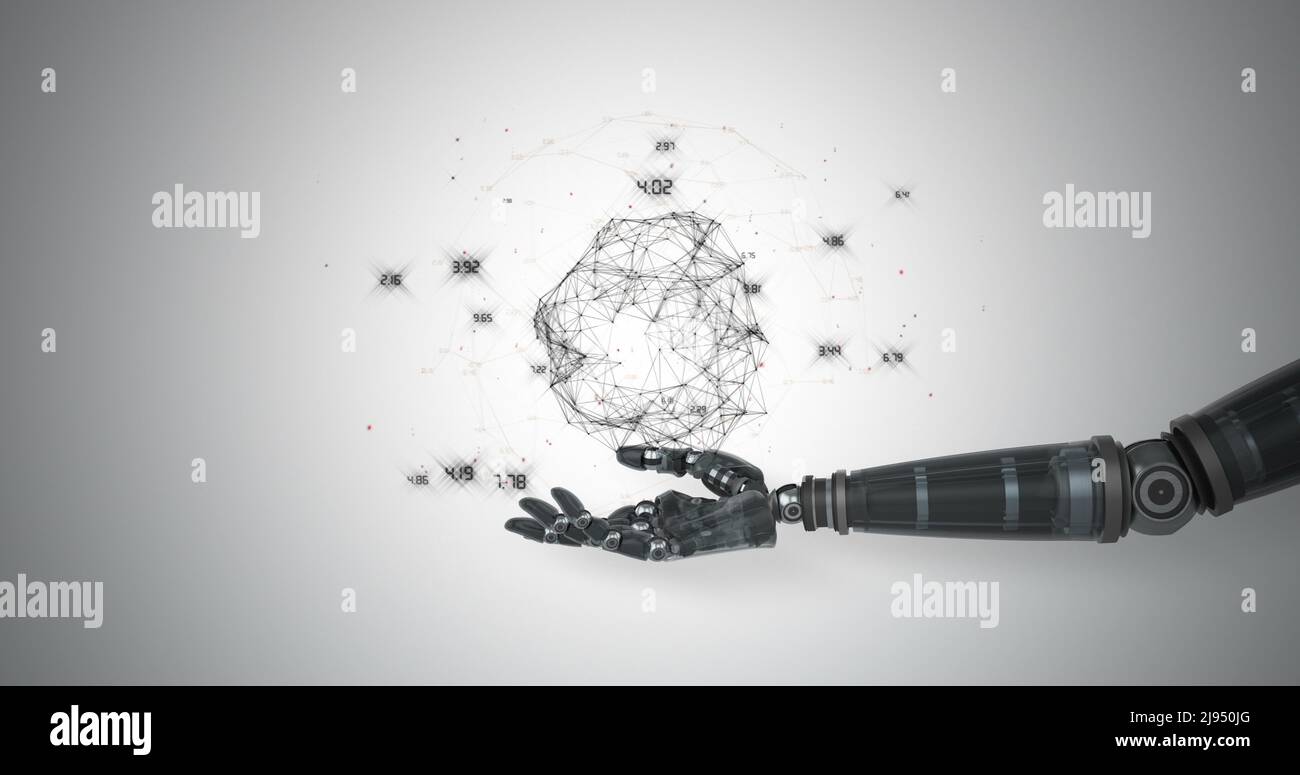 Robotic hand presenting polygon structure against white background ...