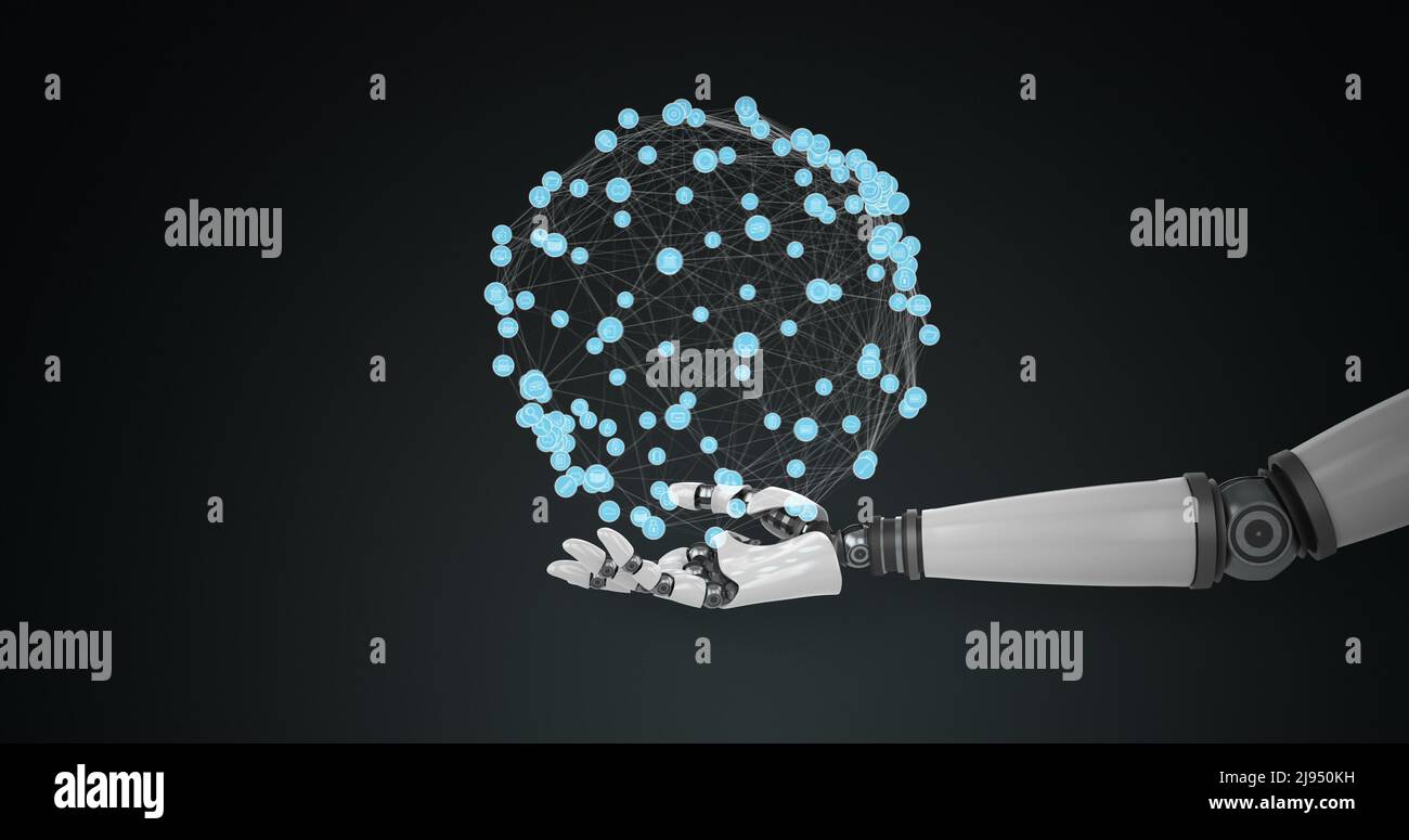 Robotic hand presenting polygon structure against black background ...