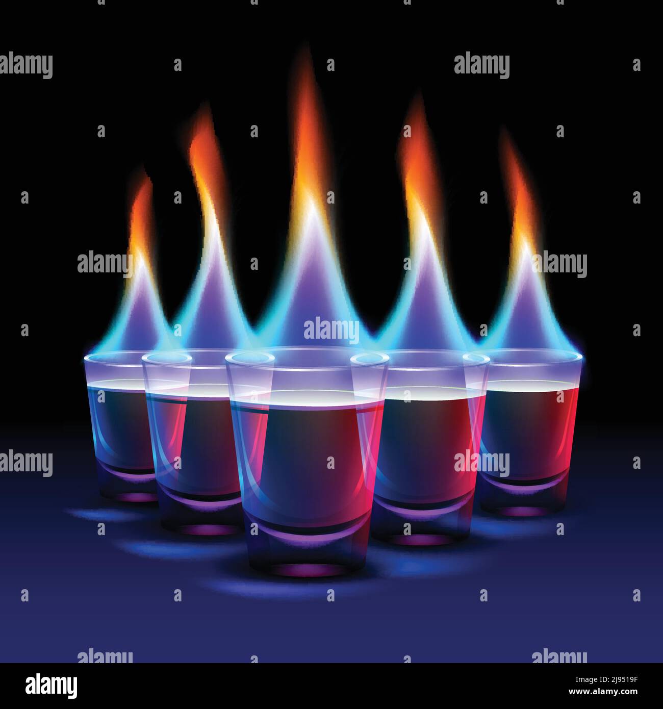 Set of Burning cocktail shots with colored fire and blue, red backlight ...