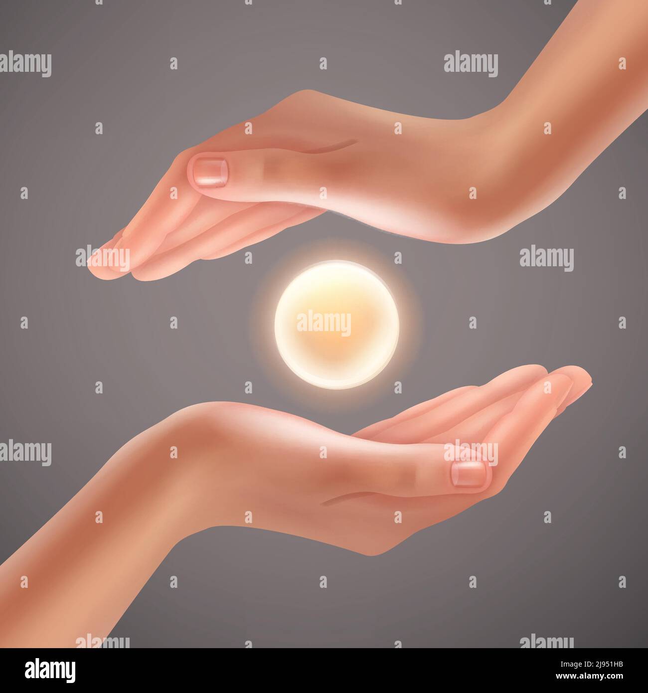 Vector illustration of human hands holding brightly sphere, isolated on ...