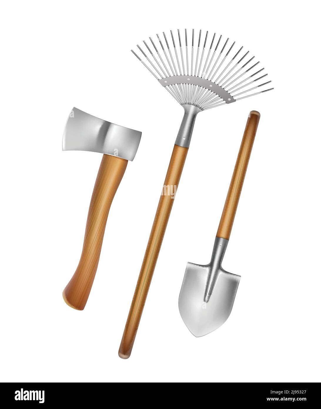 Vector gardening hand tools: rake, shovel, axe with wooden handle ...