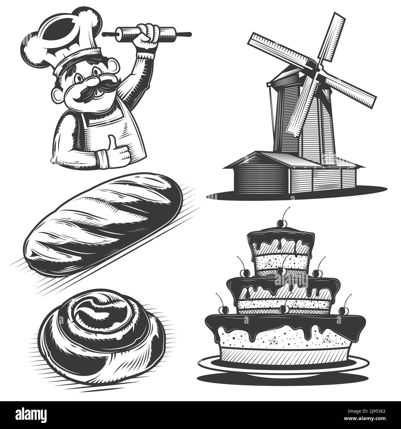 Set of bakery products, a baker and a mill for creating your own badges ...