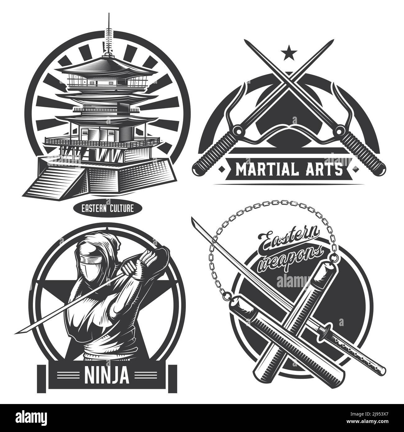 Set of vintage ninja emblems, labels, badges, logos. Isolated on white ...