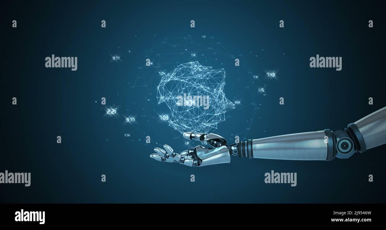 Robotic hand presenting polygon structure against blue background Stock ...