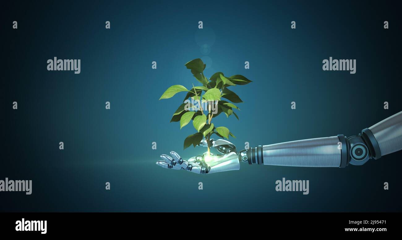 Robotic hand presenting digital green plant growing against blue ...