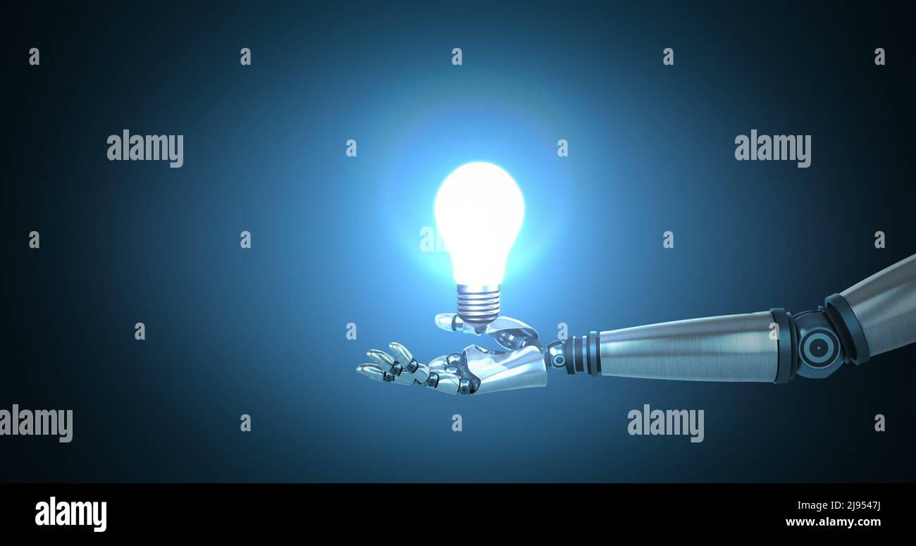 Robotic hand presenting illuminated bulb against blue background Stock ...