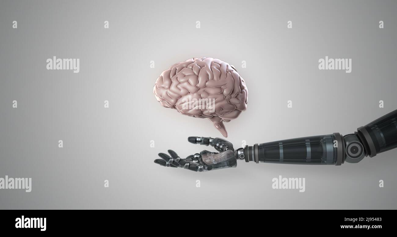 Robotic hand presenting digital human brain against white background ...