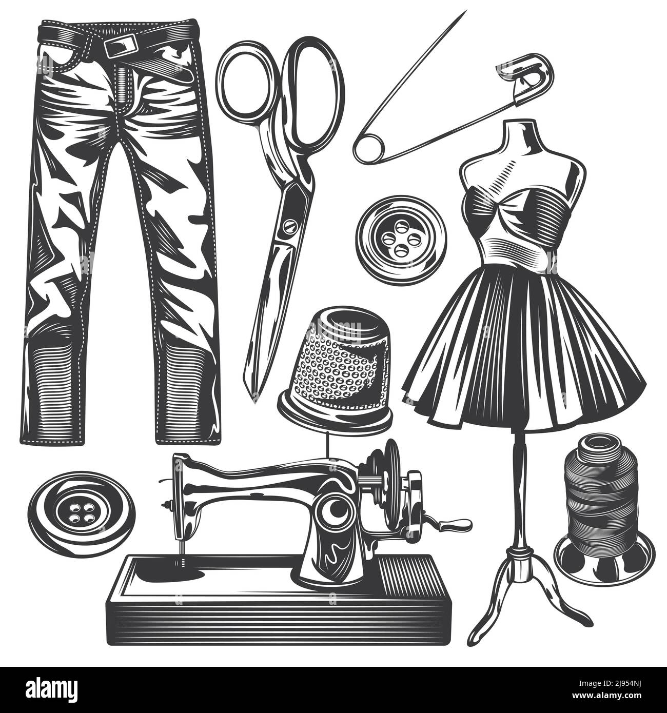 Set of sewing studio elements for creating your own badges, logos ...