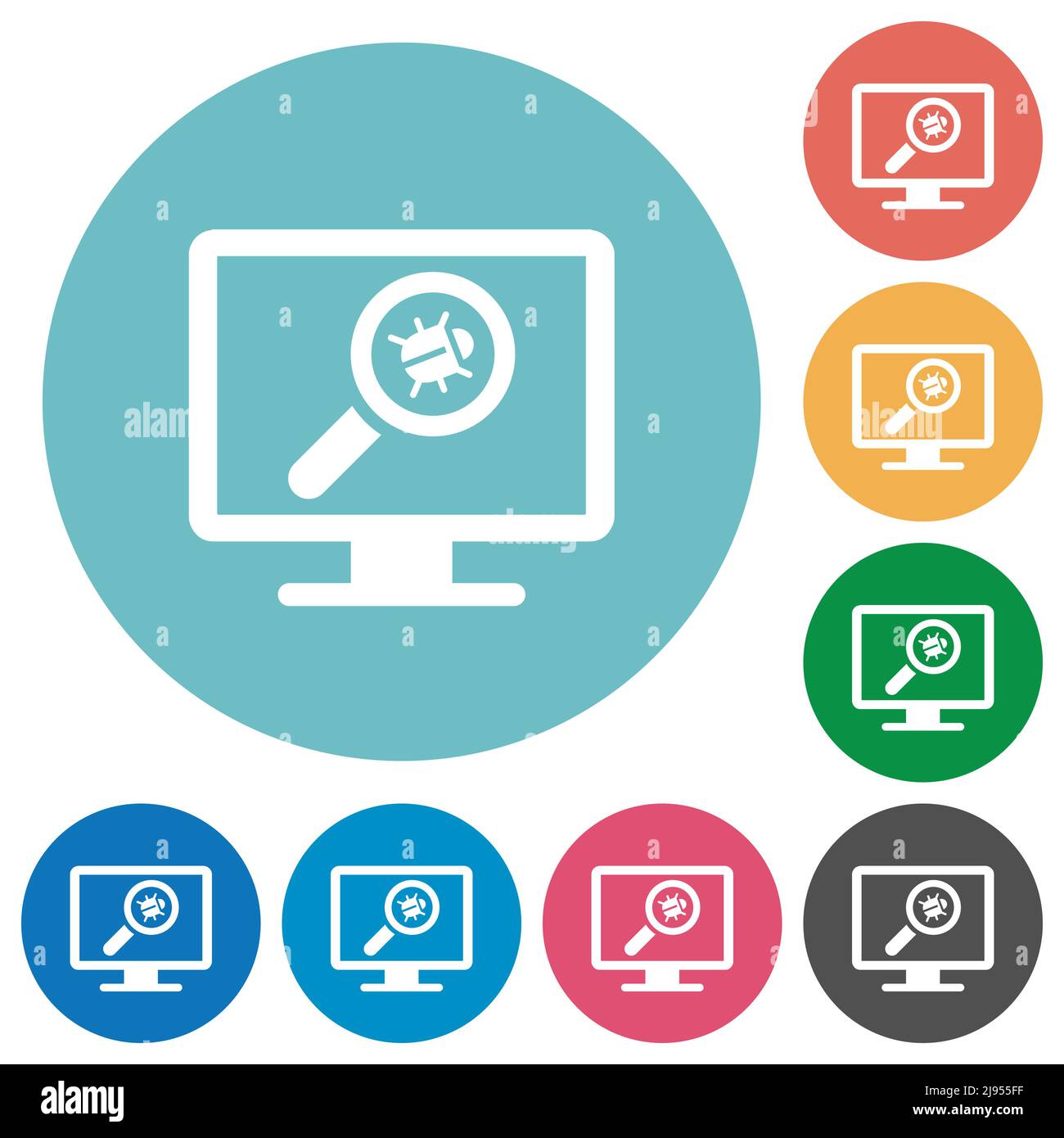 Virus scanning on computer flat white icons on round color backgrounds ...