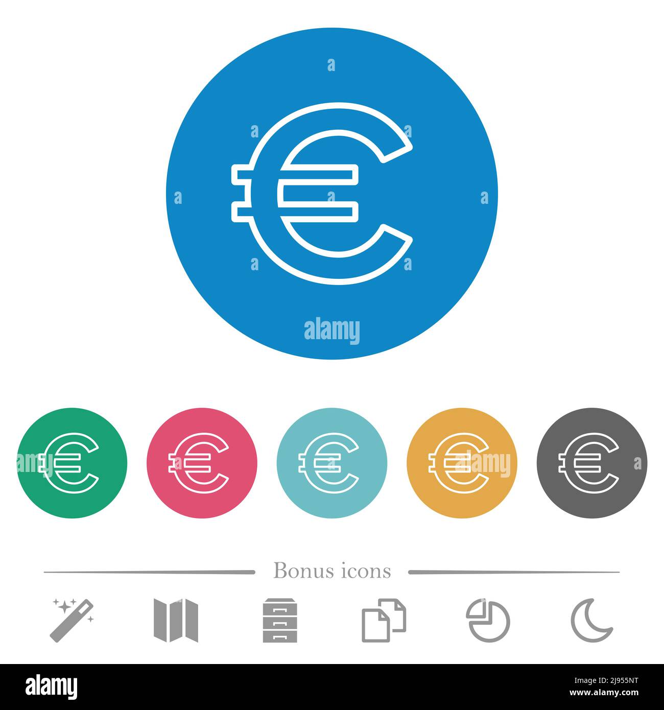 Euro sign outline flat white icons on round color backgrounds. 6 bonus ...