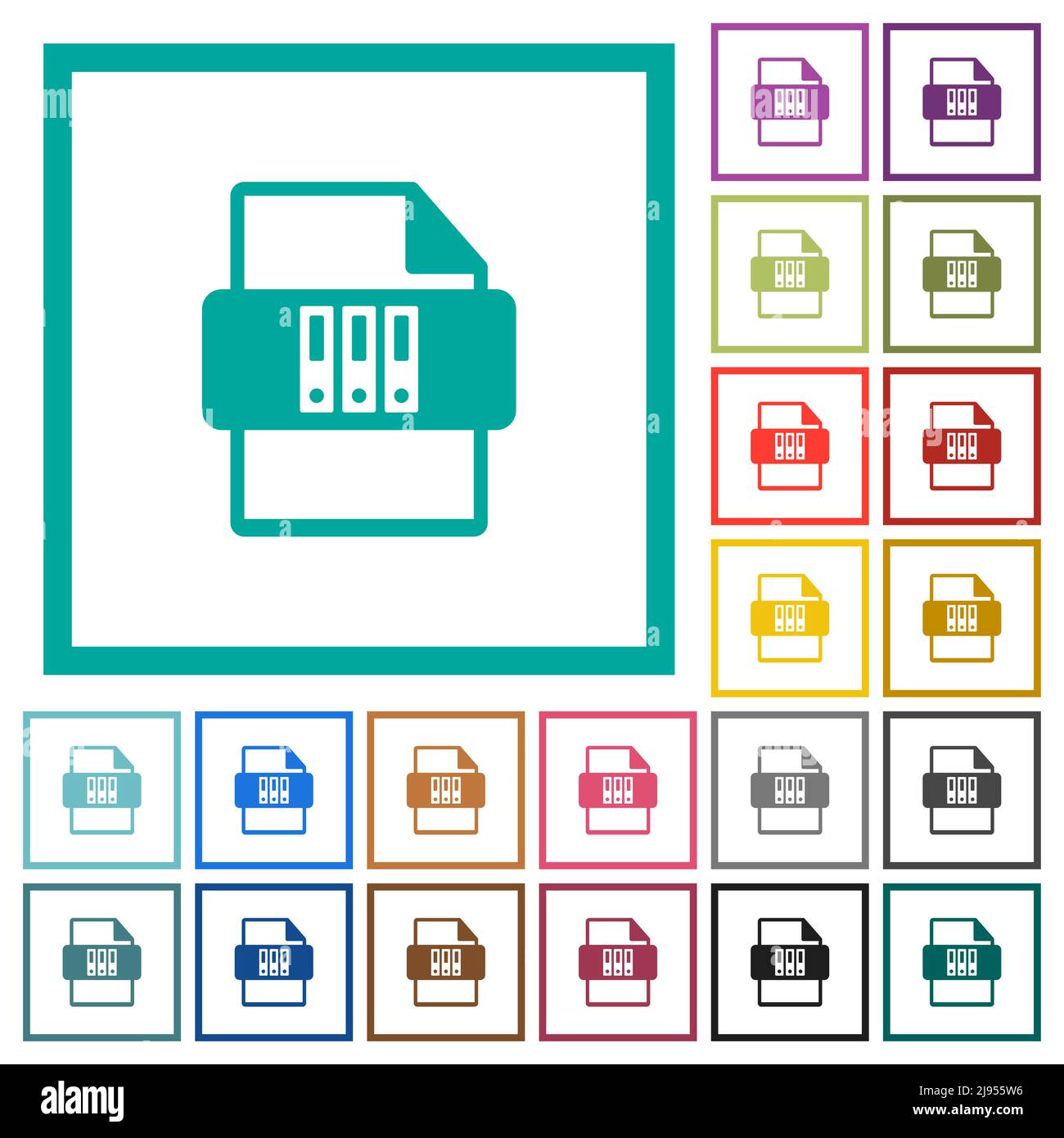 Archive file type flat color icons with quadrant frames on white ...
