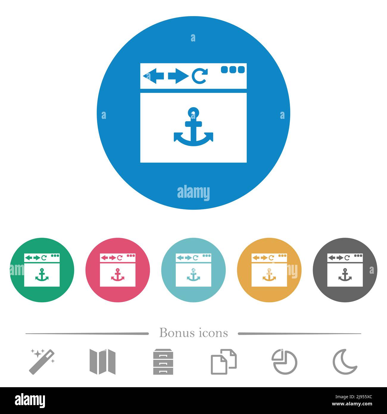 Browser anchor flat white icons on round color backgrounds. 6 bonus ...