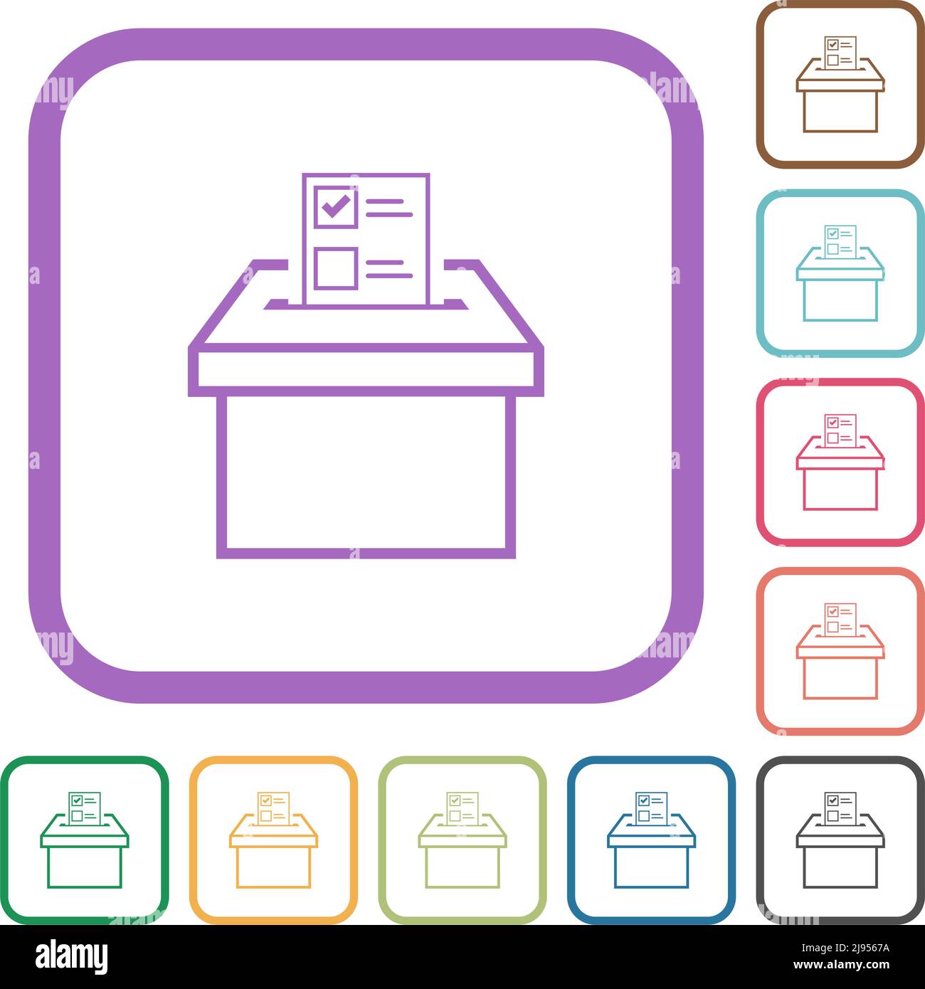 Voting paper and ballot box outline simple icons in color rounded ...