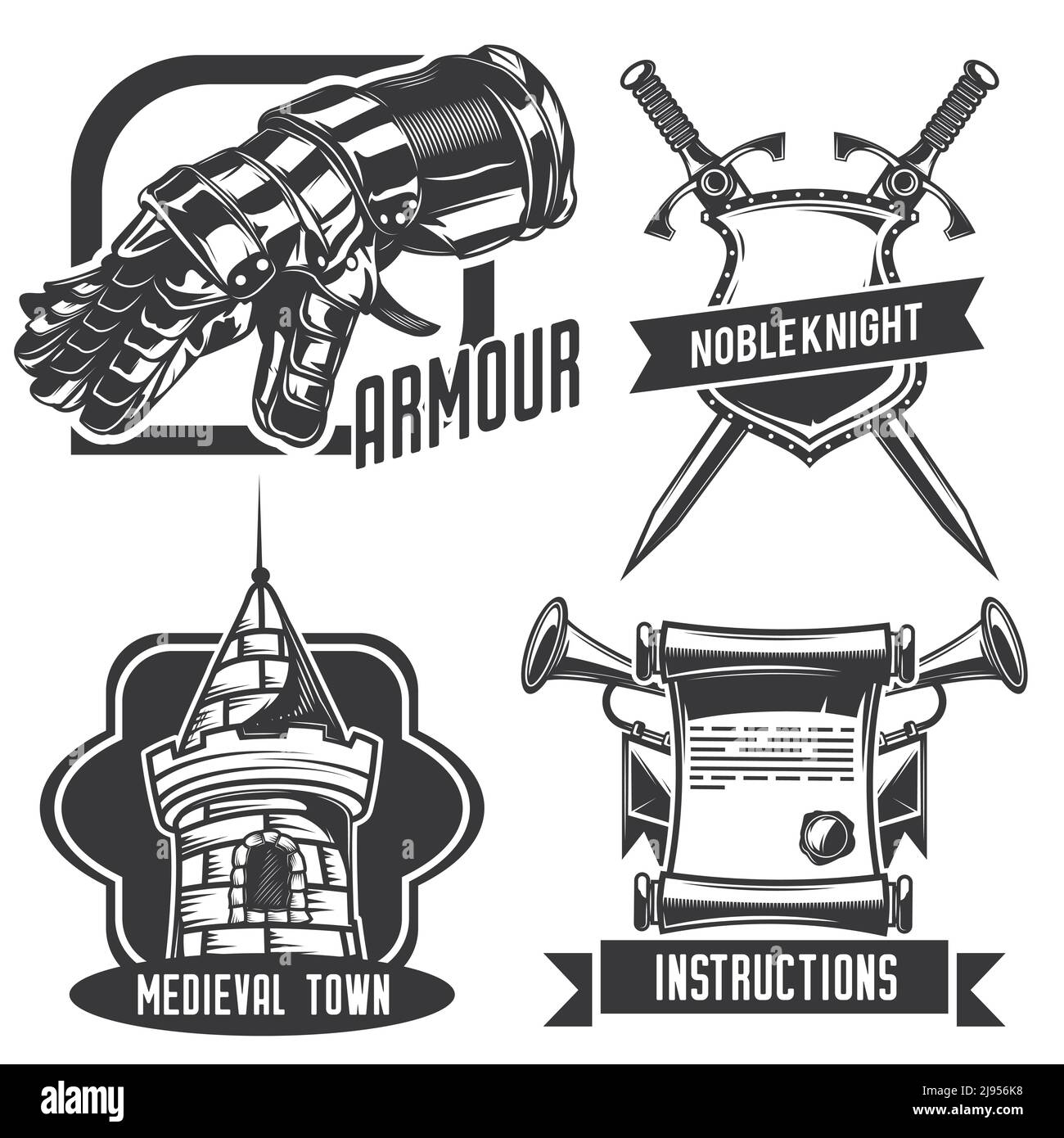 Set of knight emblems, labels, badges, logos. Isolated on white Stock ...
