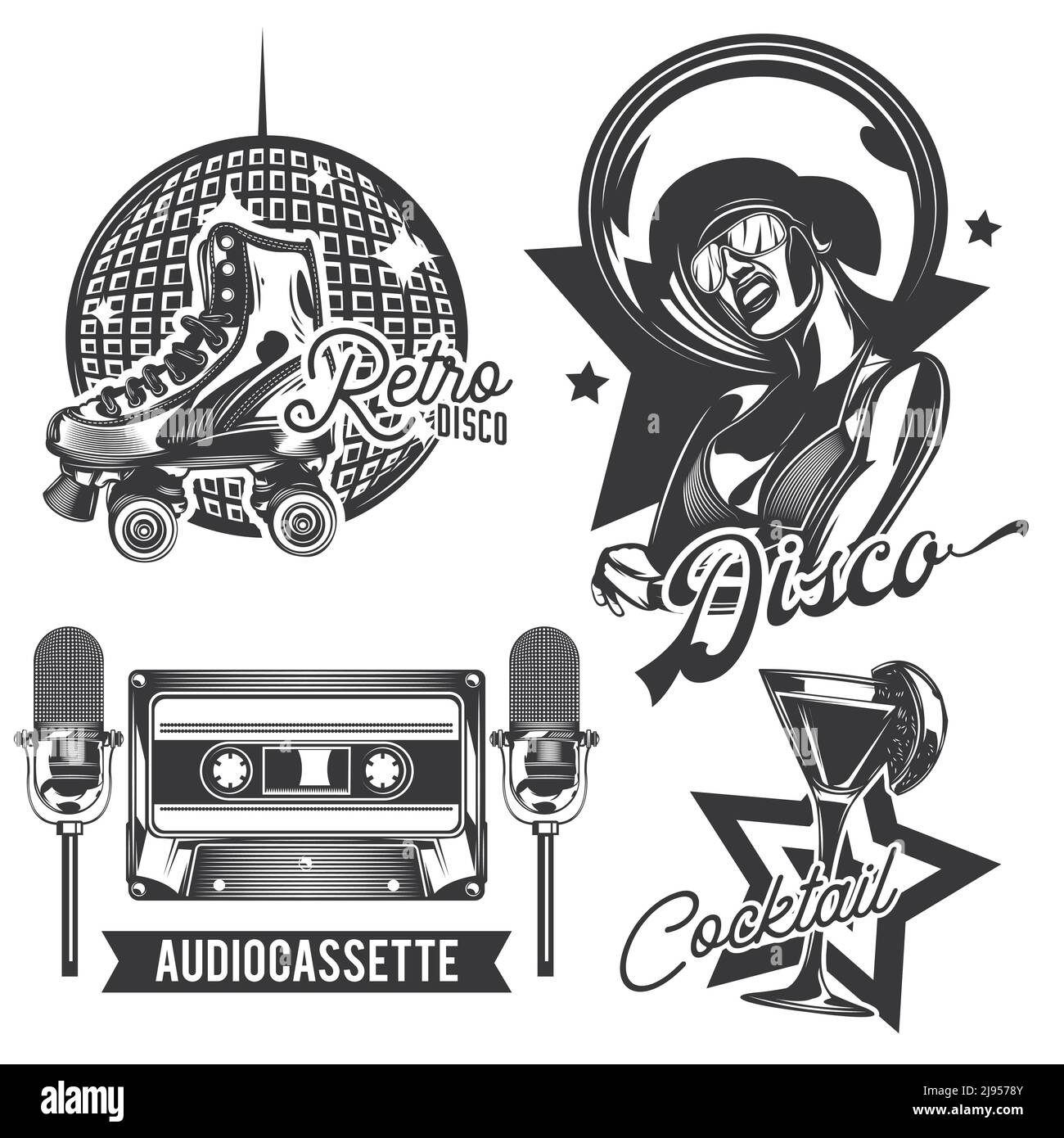 Set of disco emblems, labels, badges, logos. Isolated on white Stock ...