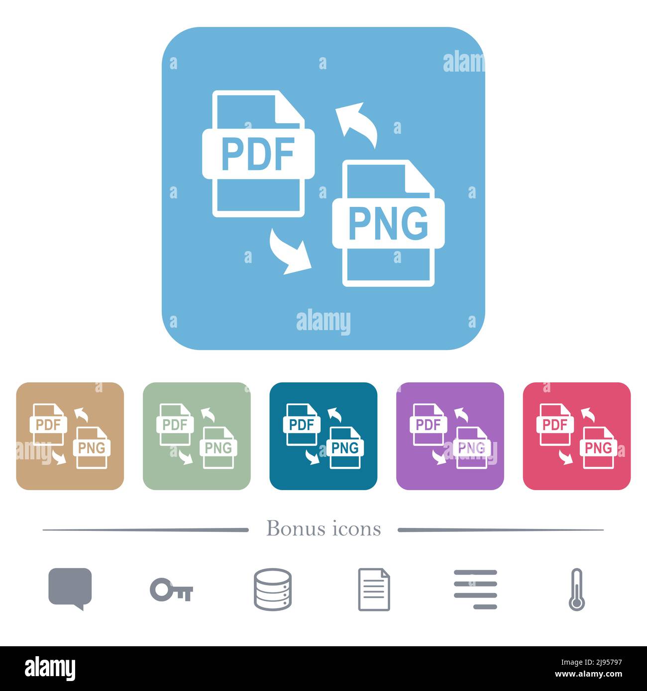 PDF PNG file conversion white flat icons on color rounded square ...