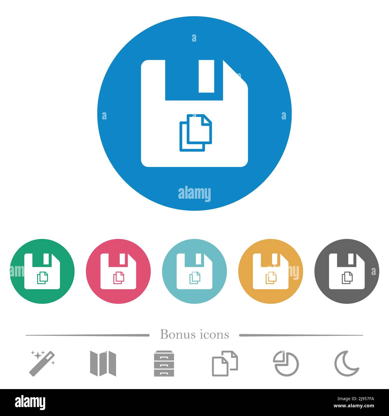 Copy file flat white icons on round color backgrounds. 6 bonus icons ...