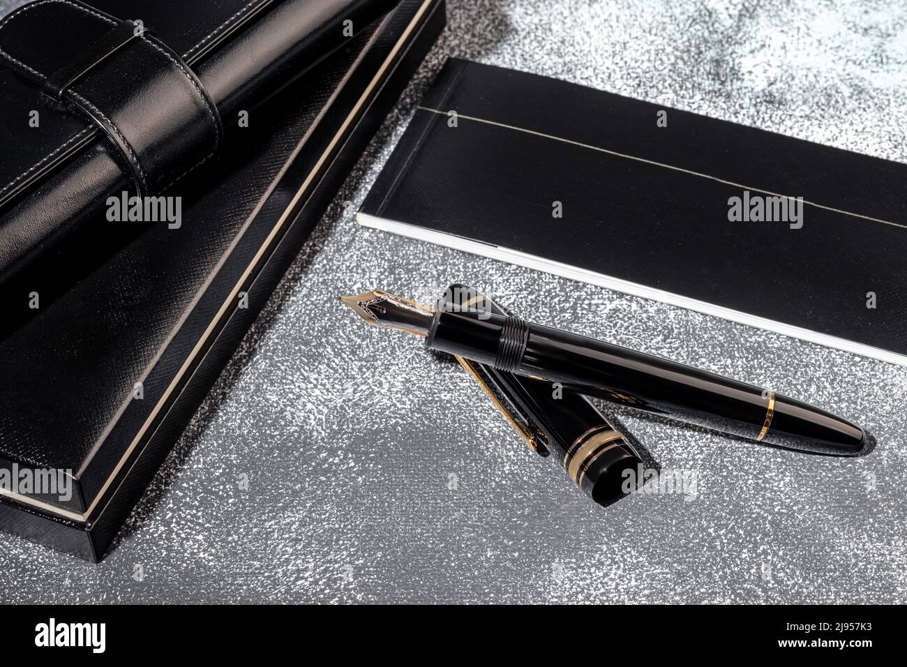 Fountain pen on a marble and gray background. Selective focus. copy ...