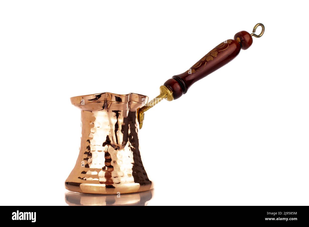 One Turkish Cezve copper coffee pot, close-up, isolated on white ...