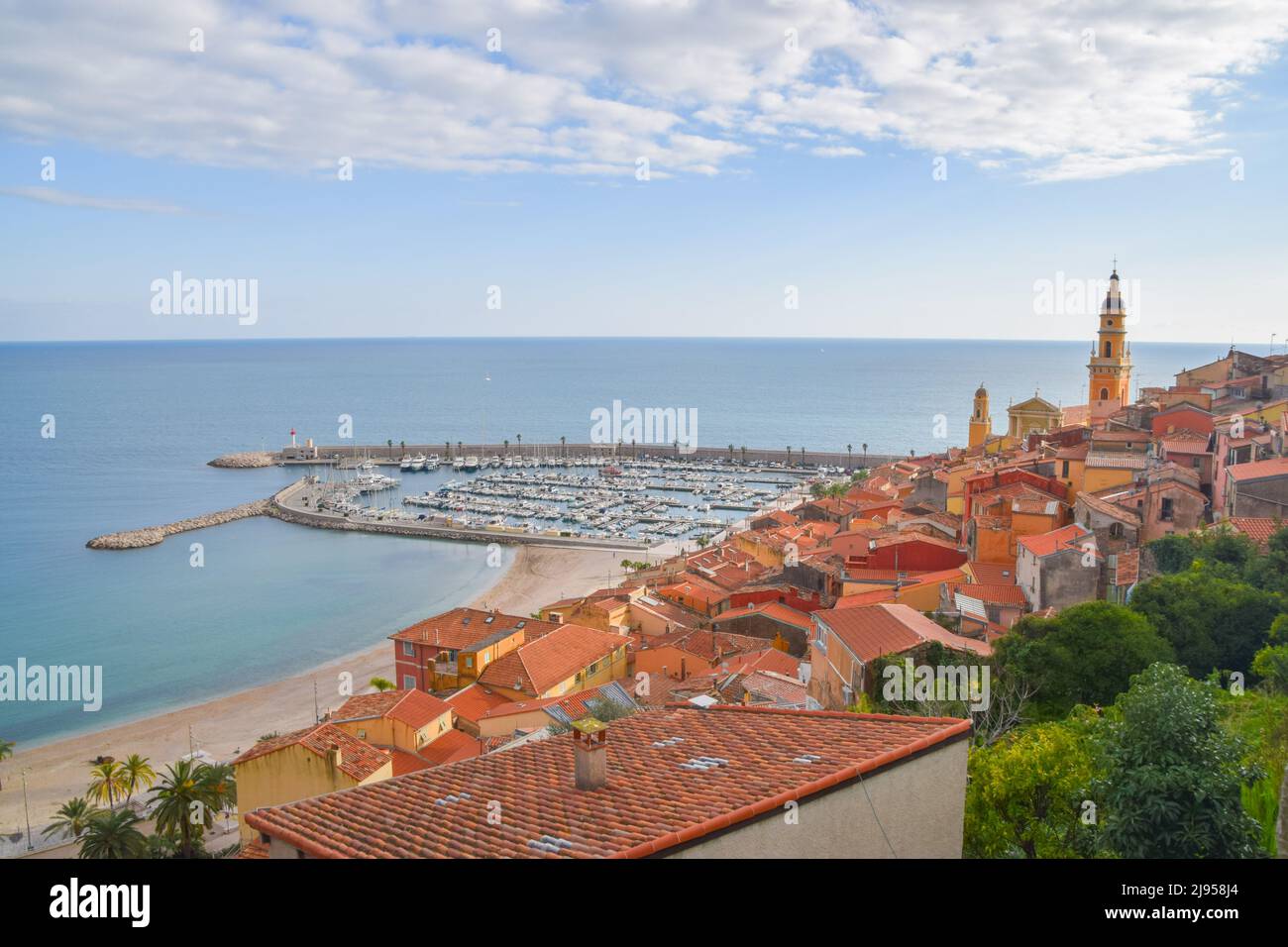 Aerial Panoramic View Of Menton Old Town Port And Coast South Of aerial-panoramic-view-of-menton-old-town-port-and-coast-south-of