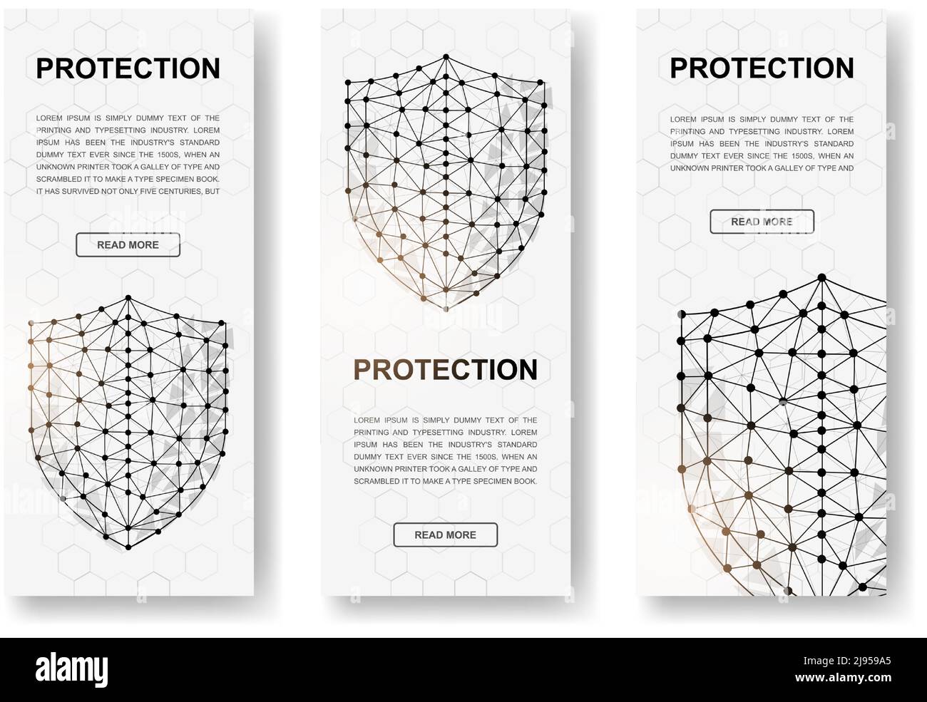 Set of three Shields polygonal vertical banners. 3d Cyber security low ...