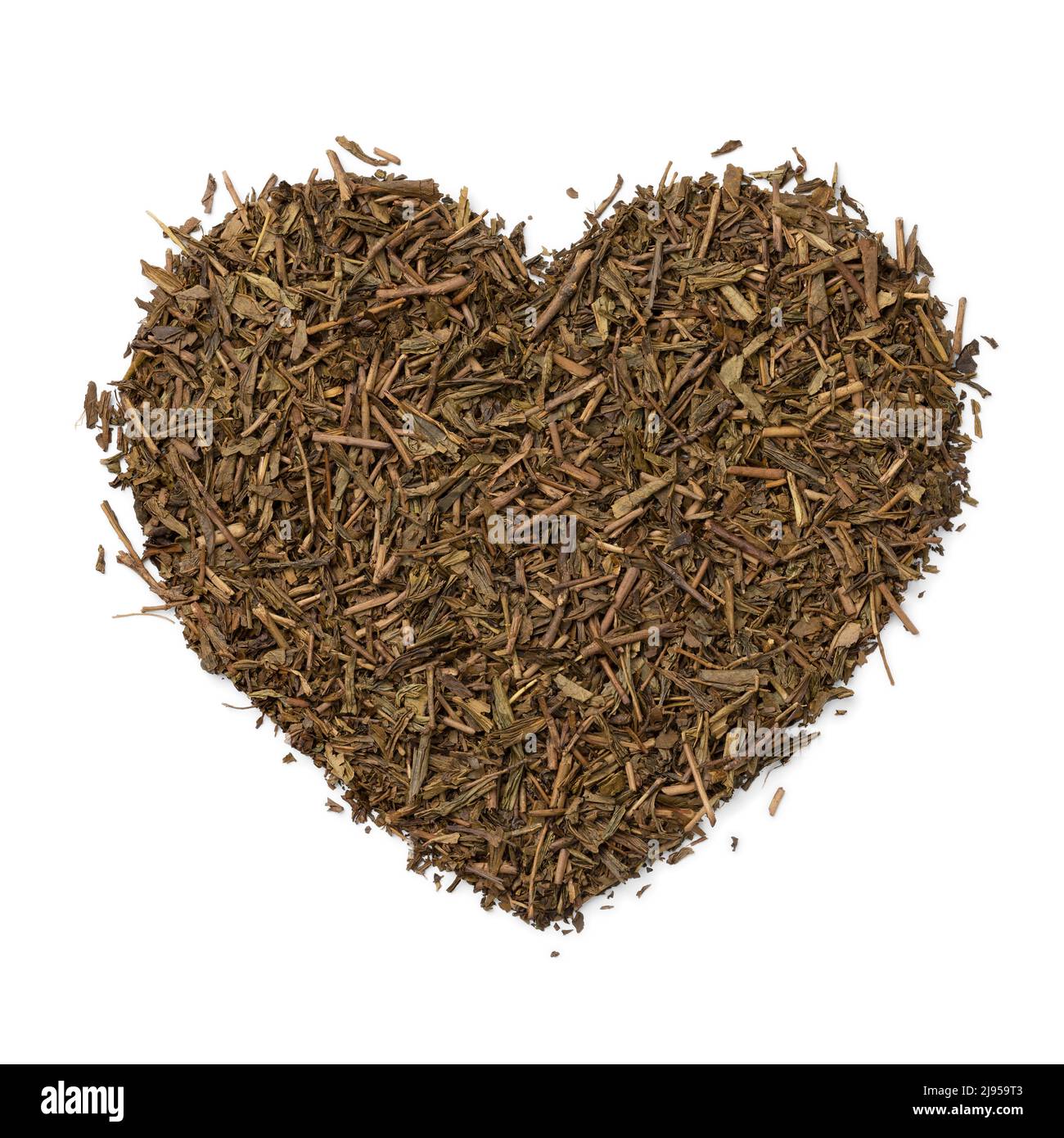 Bancha Houji Cha, Japanese roasted tea in heart shape isolated on white ...