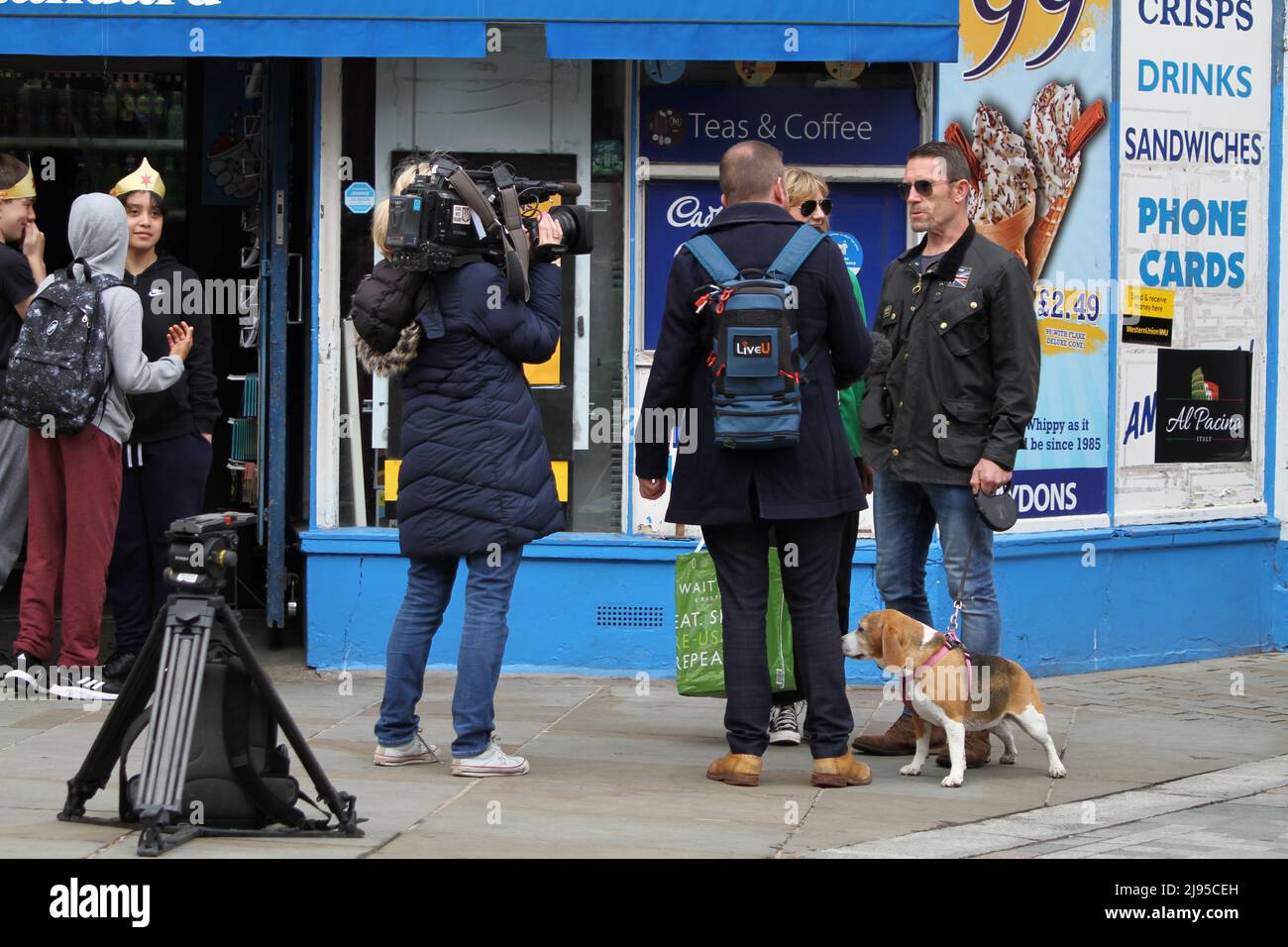 Colchester, UK. 20th May 2022. Media crew interviews locals about the ...