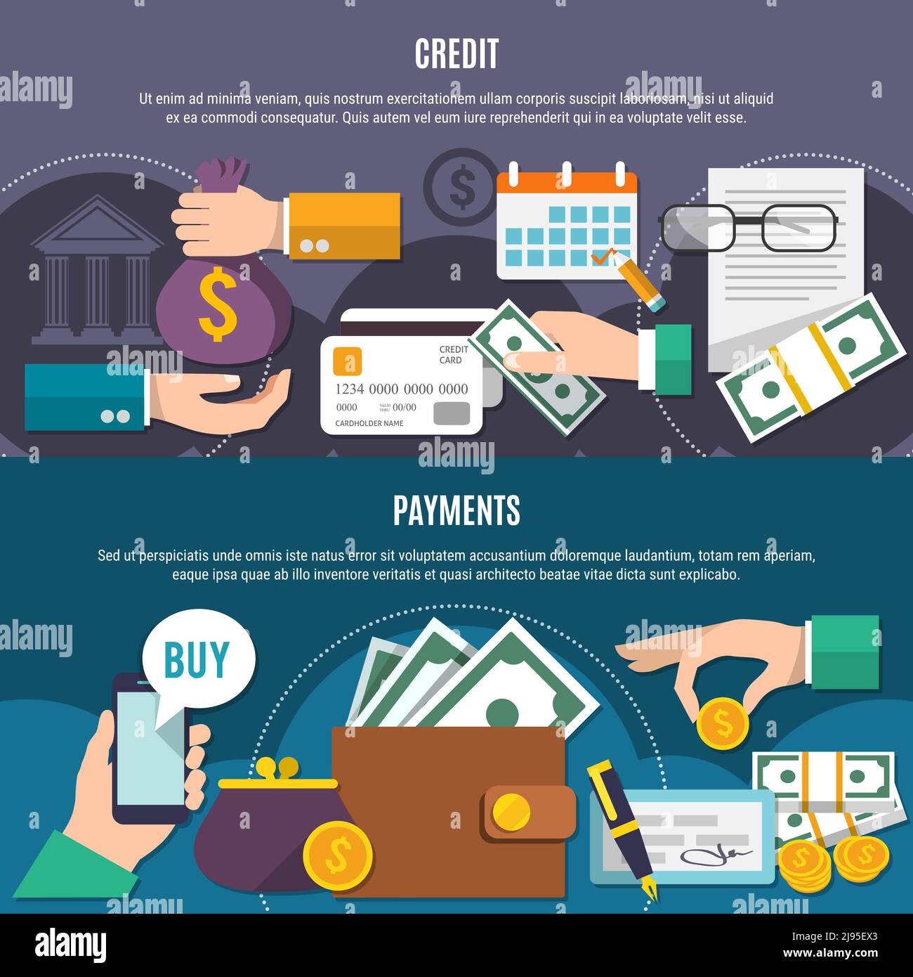 Two horizontal money flat banner set with credit and payment ...