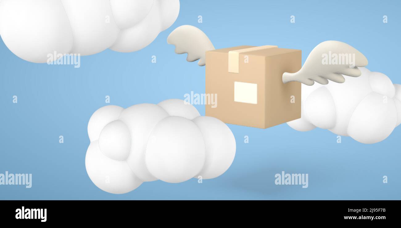 3d flying cardboard box with wings in the clouds. Carton delivery ...