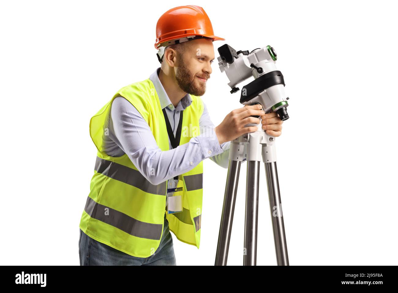 Geodetic engineer measuring with a positioning station isolated on ...