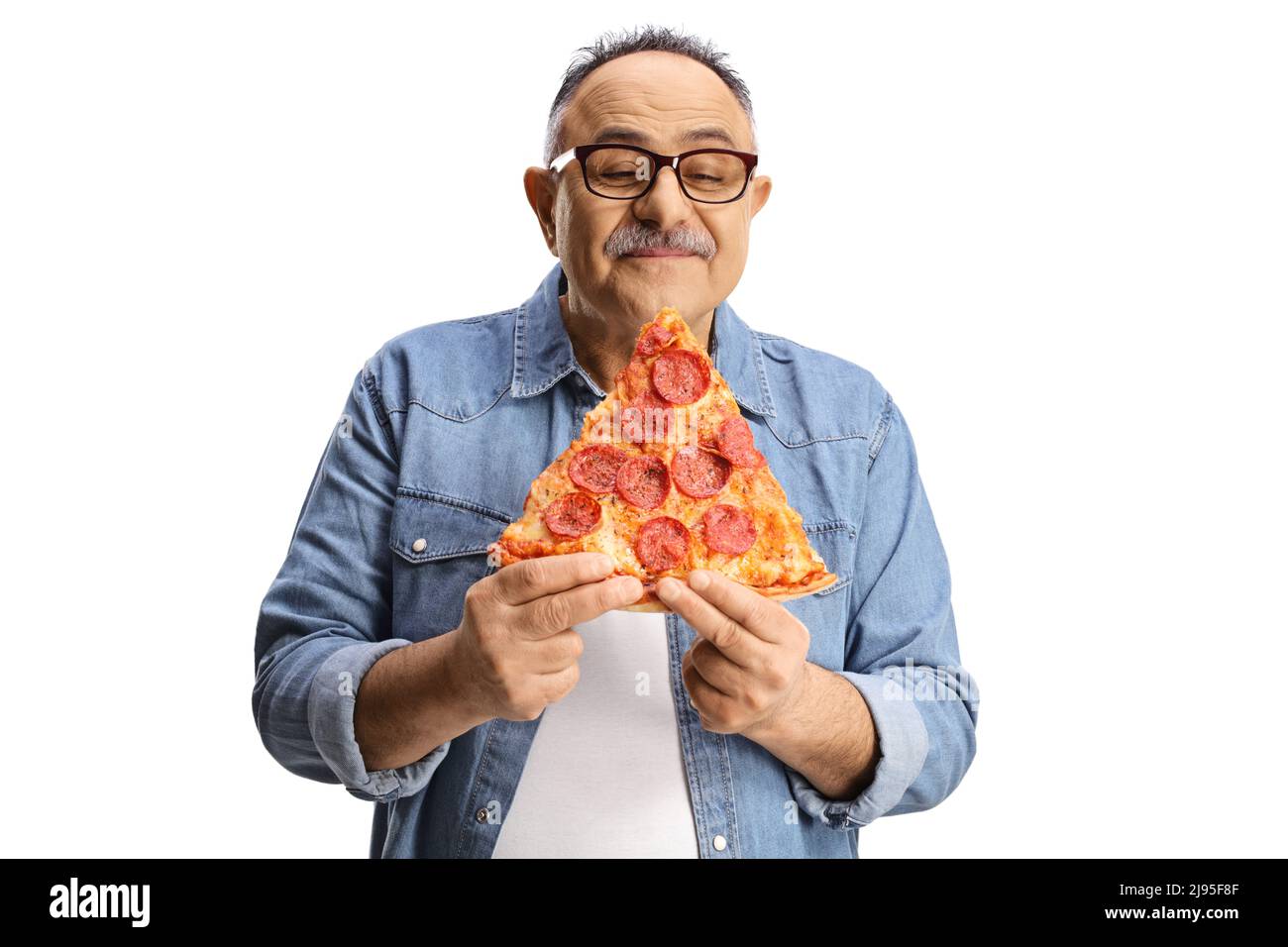 Mature man smelling pepperoni pizza slice and enjoying isolated on ...
