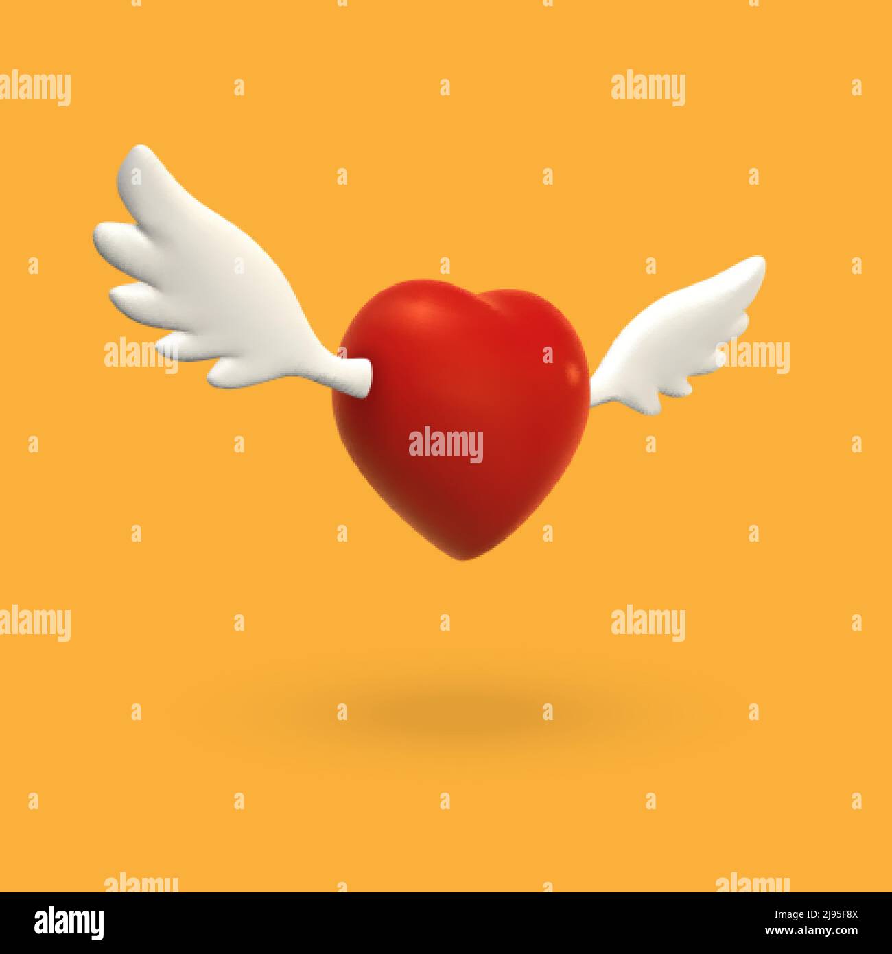 3d flying red heart with wings on orange background. Valentines day ...