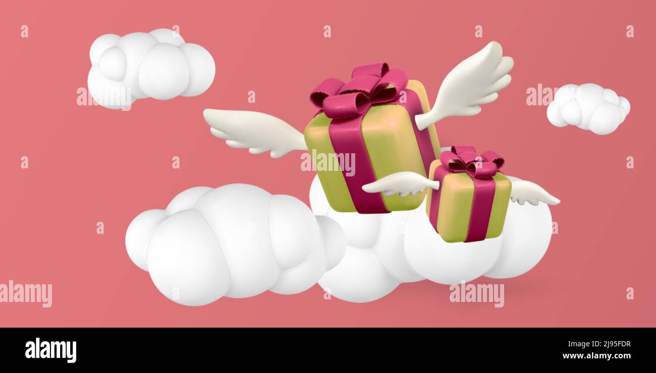 3d flying gift box with wings on a red background. Valentine's Day ...