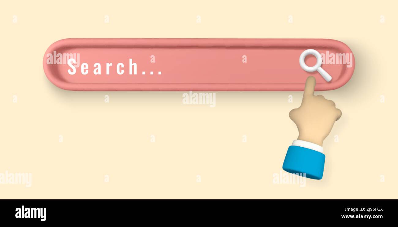 Realistic 3d search bar design element with hand pointing in cartoon ...